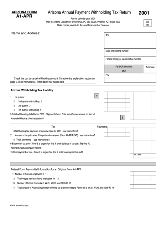 Fillable Arizona Form A1-Apr - Annual Payment Withholding Tax Return ...