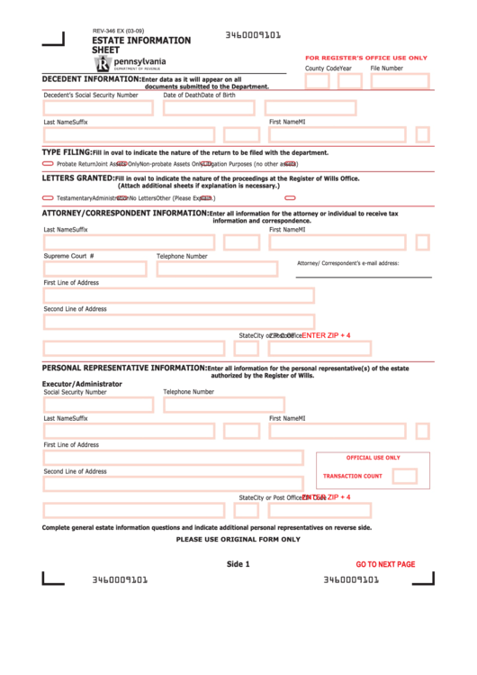 Fillable Form Rev-346 Ex - Estate Information Sheet printable pdf download