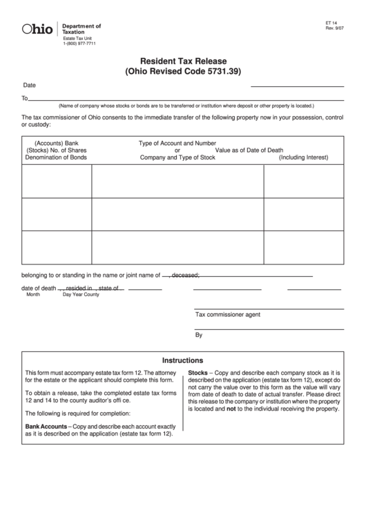 Fillable Form Et 14 - Resident Tax Release (Ohio Revised Code 5731.39 ...