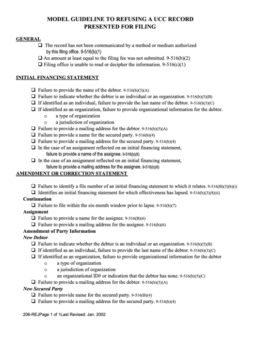 Fillable Form 206-Rej - Model Guideline To Refusing A Ucc Record ...