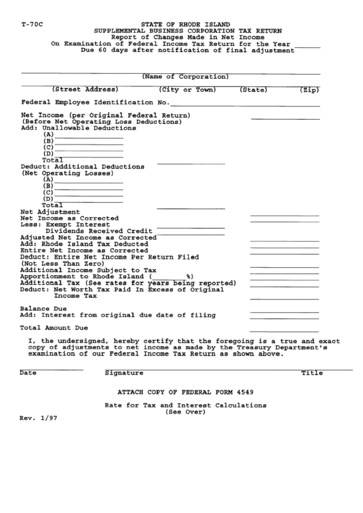 Fillable Form T-70c - Supplemental Business Corporation Tax Return ...