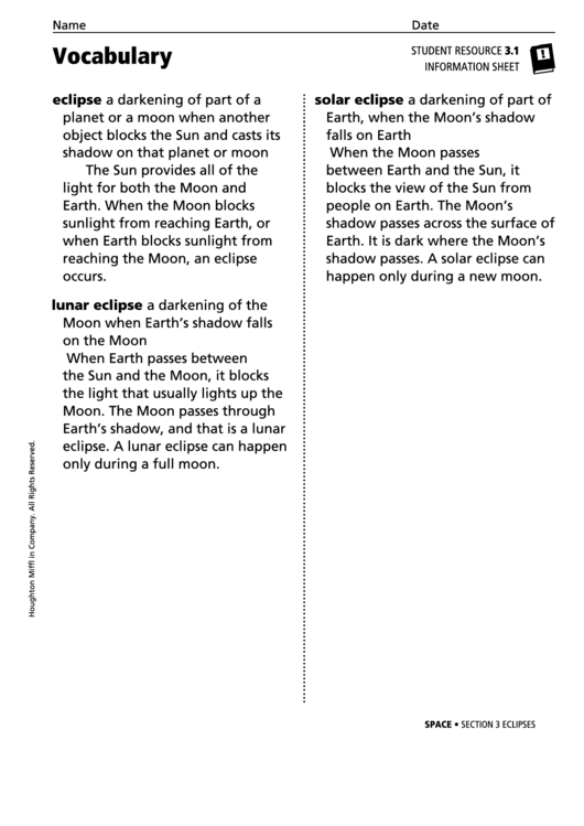 Vocabulary - Eclipses printable pdf download