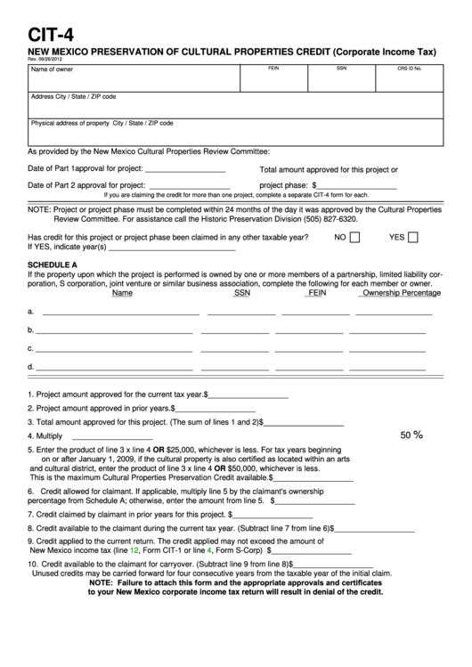 Form Cit-4 - New Mexico Preservation Of Cultural Properties Credit ...