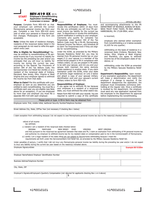 Fillable Form Rev-419 Ex - Employee'S Nonwithholding Application ...