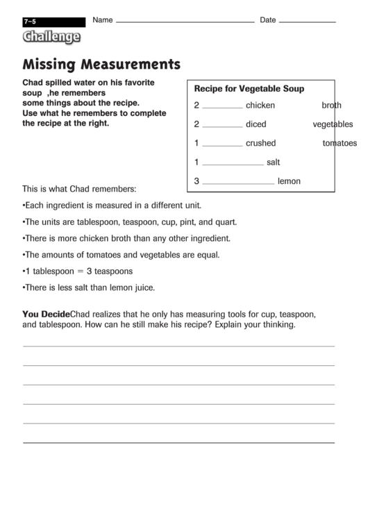 Missing Measurements - Math Worksheet printable pdf download