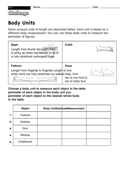 Body Units - Math Worksheet printable pdf download