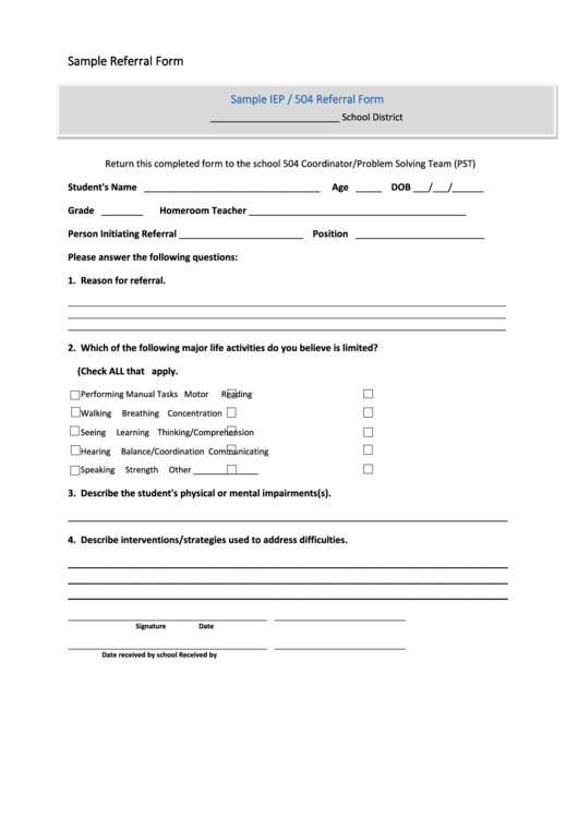 Sample Iep / 504 Referral Form printable pdf download