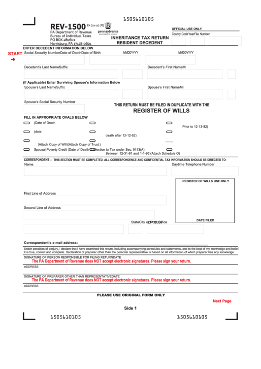 Fillable Form Rev-1500 - Resident Decedent Inheritance Tax Return ...