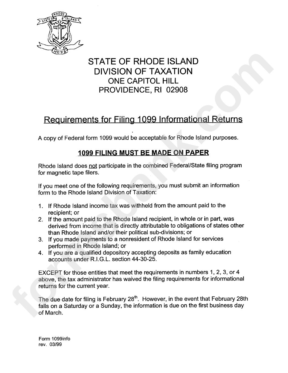 Requirements For Filling 1099 Information Returns printable pdf download