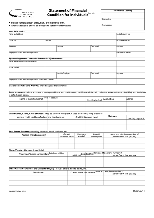 Fillable Statement Of Financial Condition For Individuals Printable Pdf