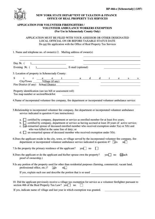 Fillable Form Rp-466-E [schenectady] - Application For Volunteer Firefighters / Volunteer ...