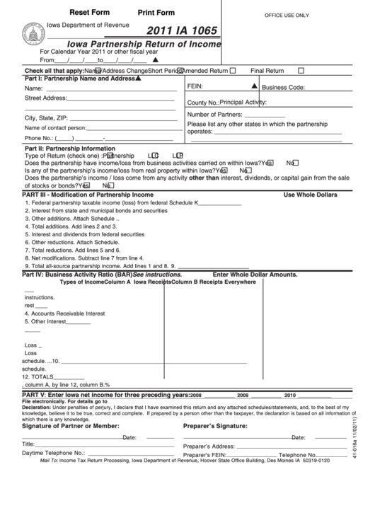 Fillable Form Ia 1065 - Iowa Partnership Return Of Income - 2011 ...