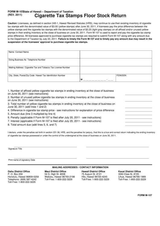 Fillable Form M-107 - Cigarette Tax Stamps Floor Stock Return printable ...