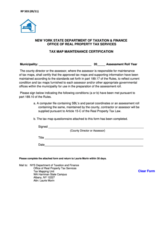 Fillable Form Rp 503 - Tax Map Maintenance Certification printable pdf ...