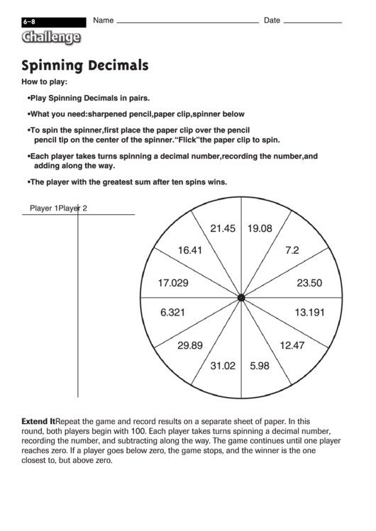 Spinning Decimals - Math Activity Worksheet printable pdf download