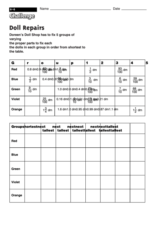 Doll Repairs - Math Worksheet With Answers printable pdf download