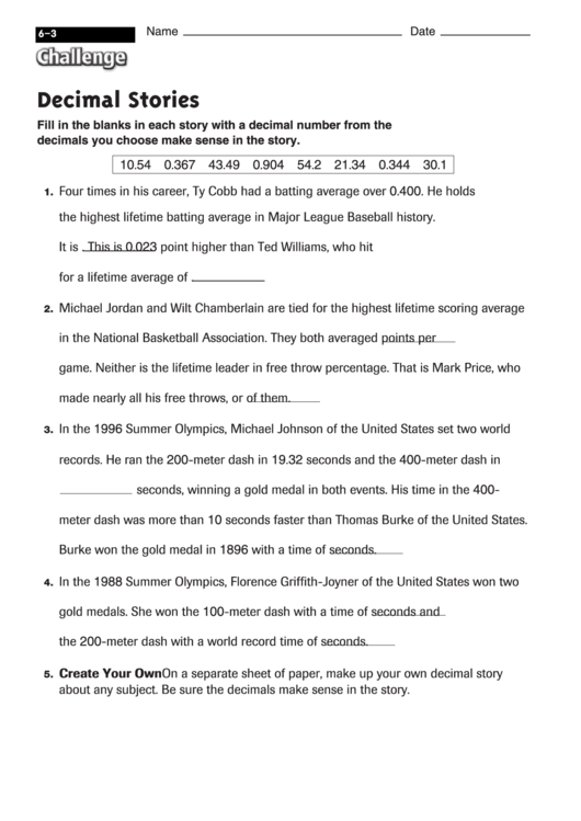 Decimal Stories - Math Worksheet With Answers printable pdf download