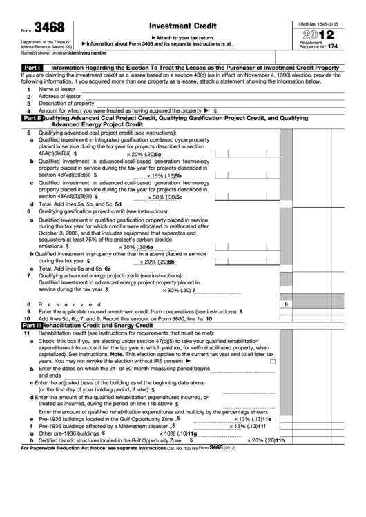 Fillable Form 3468 - Investment Credit - 2012 printable pdf download