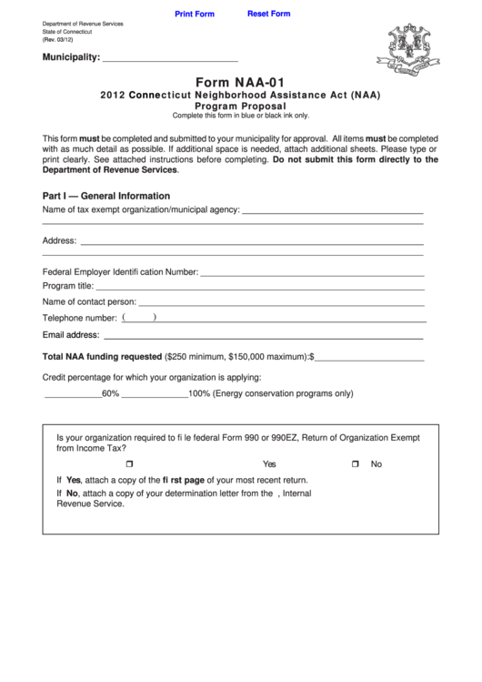 Fillable Form Naa-01 - Connecticut Neighborhood Assistance Act (Naa) Program Proposal - 2012 ...