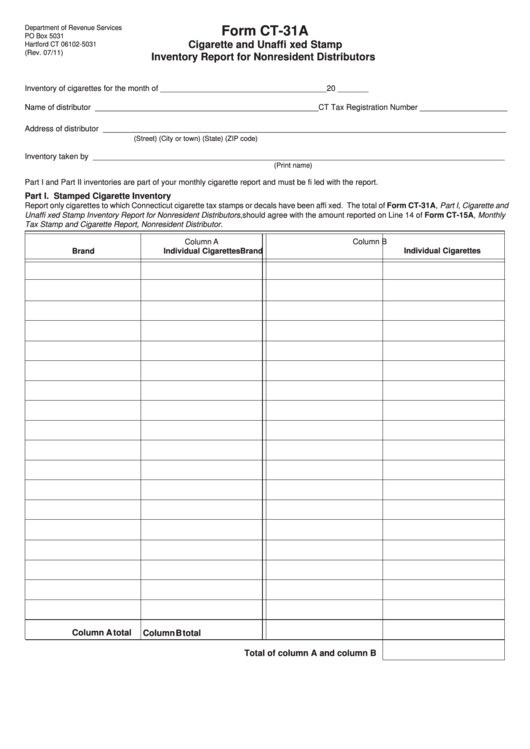 Fillable Form Ct-31a - Cigarette And Unaffi Xed Stamp Inventory Report ...
