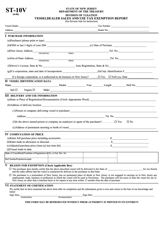 Fillable Form St-10v - Vessel Dealer Sales And Use Tax Exemption Report ...