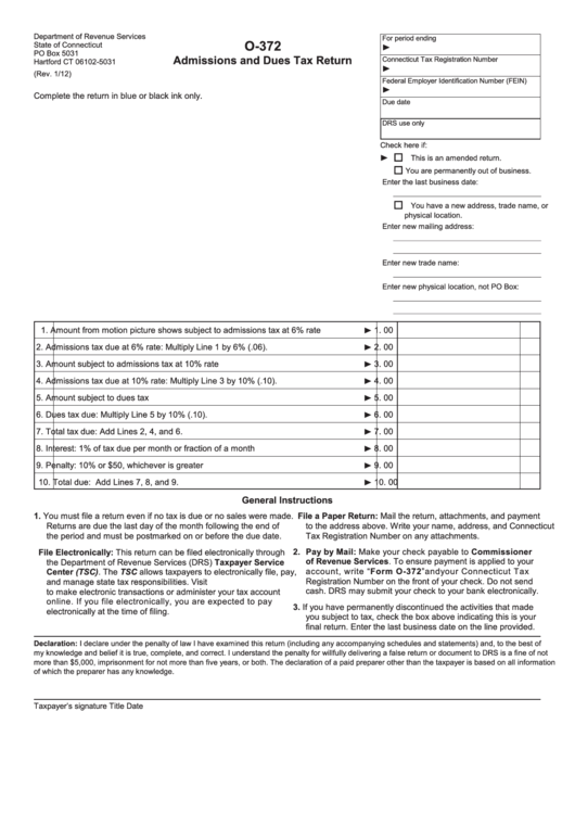 Fillable Form O-372 - Admissions And Dues Tax Return printable pdf download