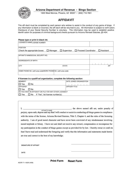 Fillable Form Ador 71-1003f - Affidavit printable pdf download