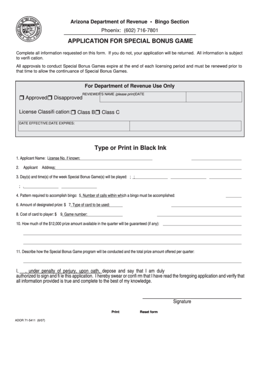 Fillable Form Ador 71-5411 - Application For Special Bonus Game ...