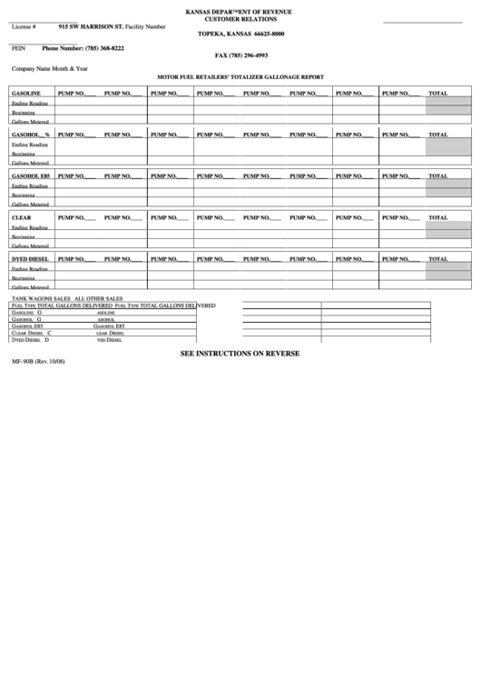 Form Mf-90b - Motor Fuel Retailers' Totalizer Gallonage Report ...
