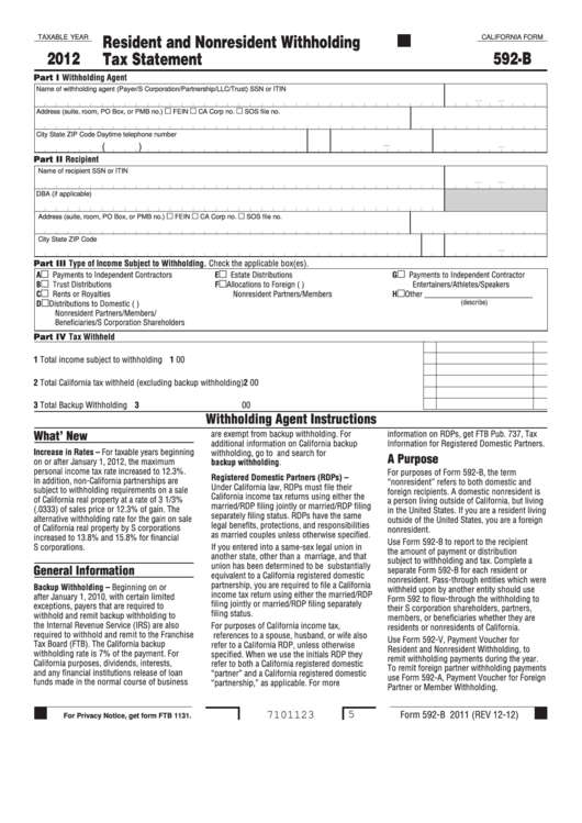Fillable California Form 592 B Resident And Nonresident Withholding