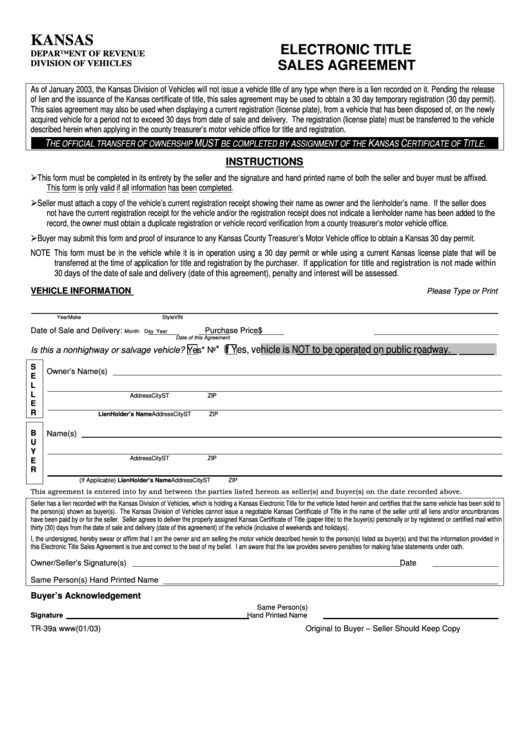Fillable Form Tr-39a - Electronic Title Sales Agreement printable pdf ...