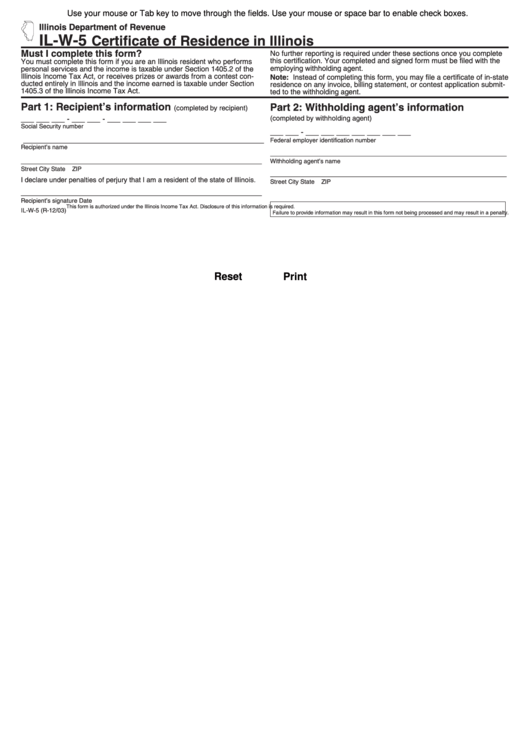 Fillable Form Il-W-5 - Certificate Of Residence In Illinois printable ...