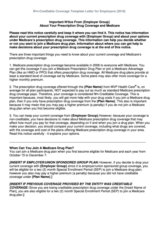 Non Creditable Coverage Template Letter For Employers 2018 Printable