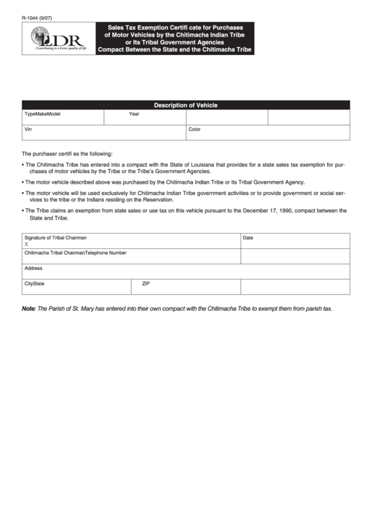 Fillable Form R 1044 Sales Tax Exemption Certificate For Purchases Of