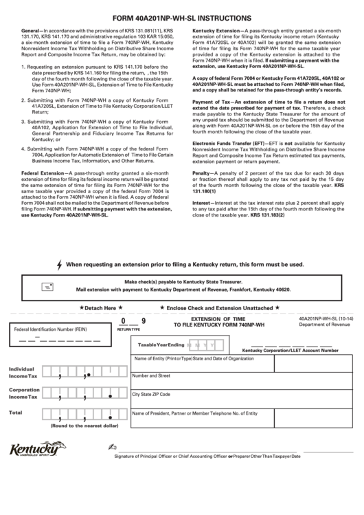 Form 40a201np-Wh-Sl - Extension Of Time To File Kentucky Form 740np-Wh ...