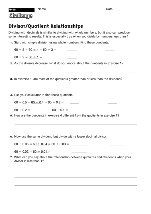 Divisor/quotient Relationships - Division Worksheet With Answers ...