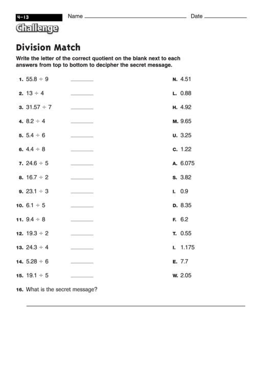 Division Match - Division Worksheet With Answers printable pdf download