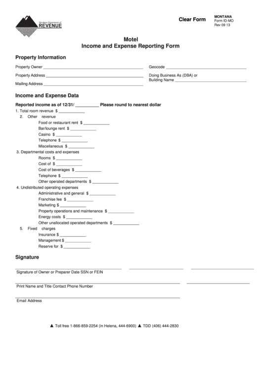 Fillable Montana Form Id-Mo - Motel Income And Expense Reporting Form ...