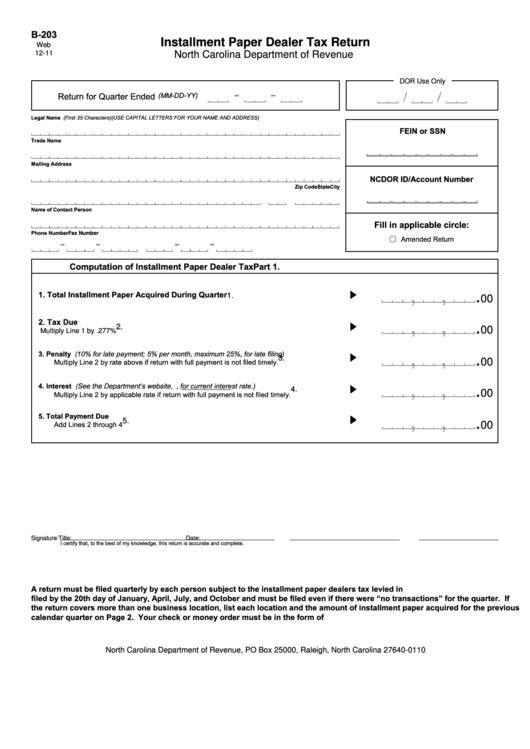 Fillable Form B-203 - Installment Paper Dealer Tax Return printable pdf ...