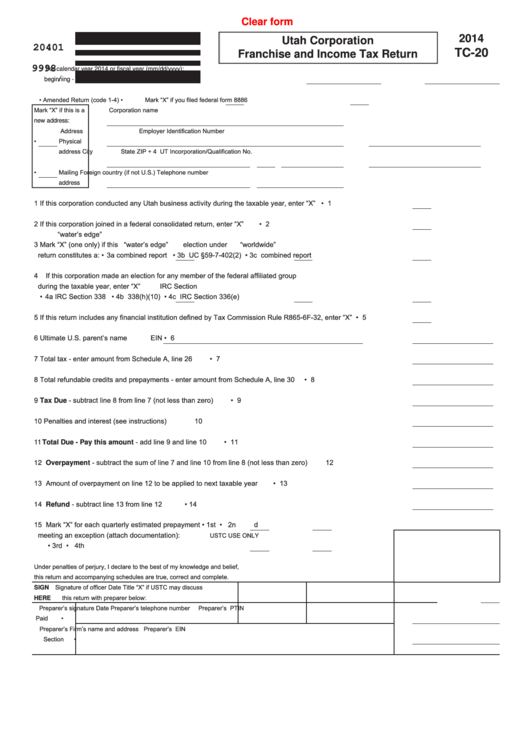Fillable Form Tc-20 - Utah Corporation Franchise And Income Tax Return ...