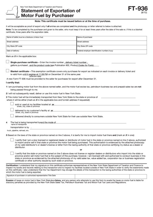 Form Ft-936 - Statement Of Exportation Of Motor Fuel By Purchaser ...