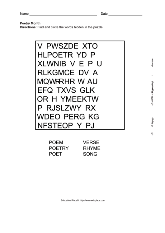 Poetry Month Word Search Puzzle Template printable pdf download