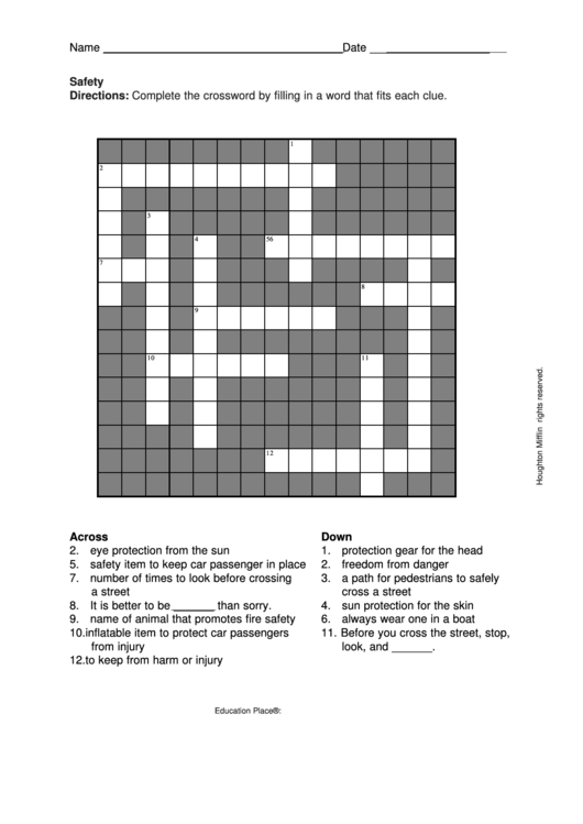 Safety Crossword Puzzle Template printable pdf download