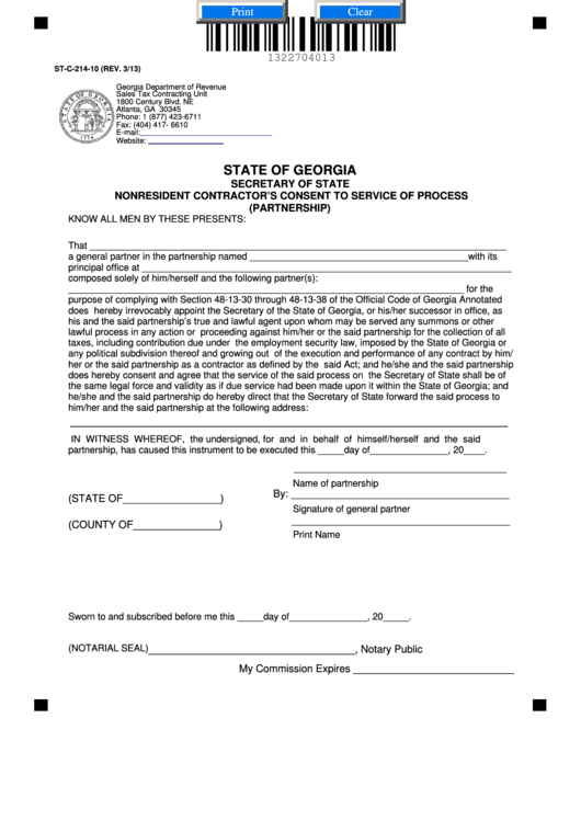 Fillable Form St-C-214-10 - Nonresident Contractor'S Consent To Service Of Process (Partnership ...