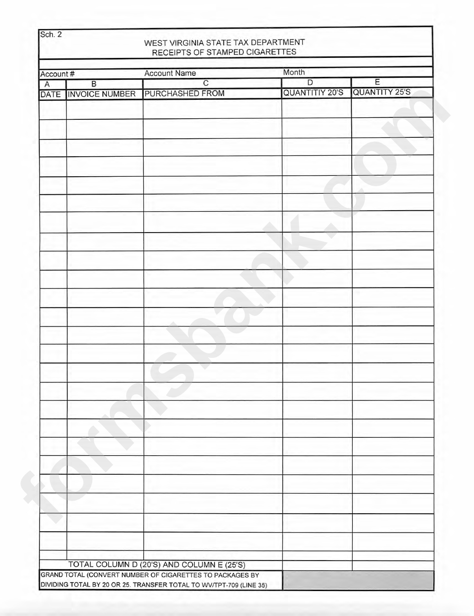 Fillable Schedule 2 - Receipts Of Stamped Cigarettes printable pdf download