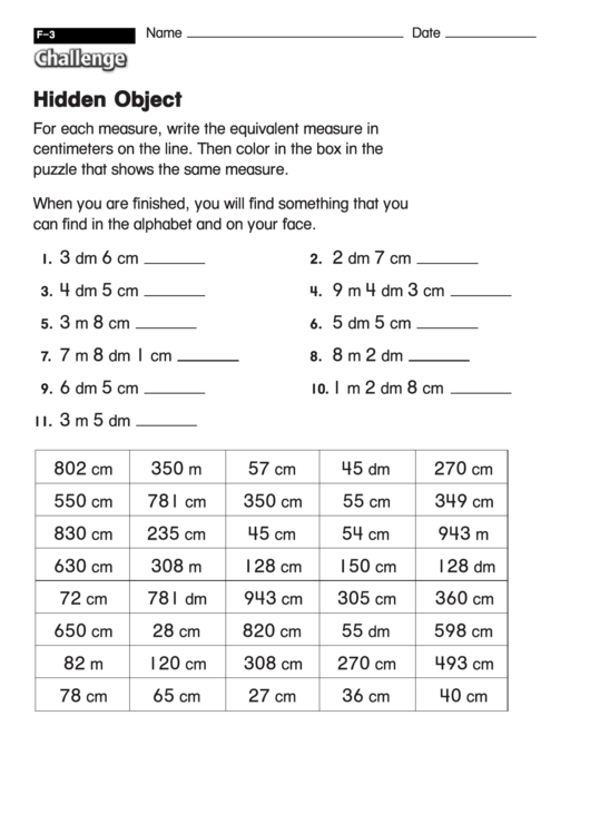 Hidden Object - Measurement Worksheet With Answers printable pdf download