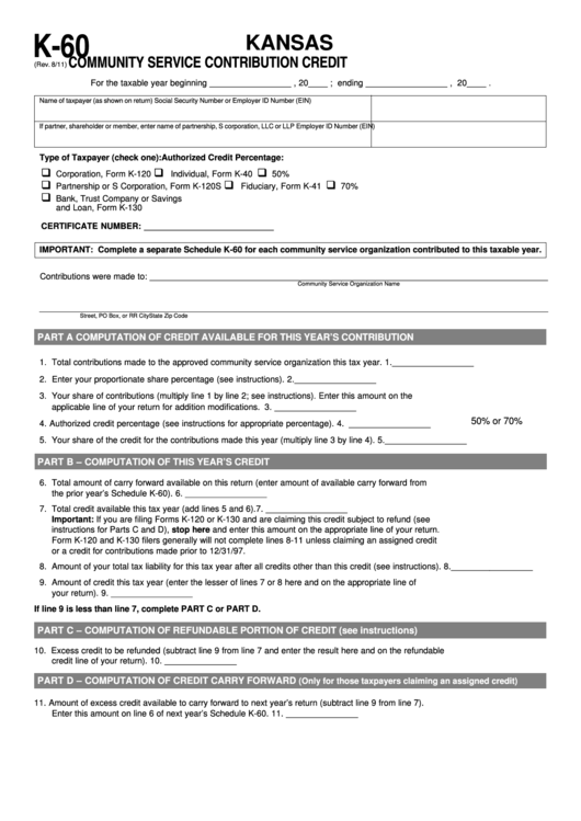 Fillable Schedule K-60 - Kansas Community Service Contribution Credit ...
