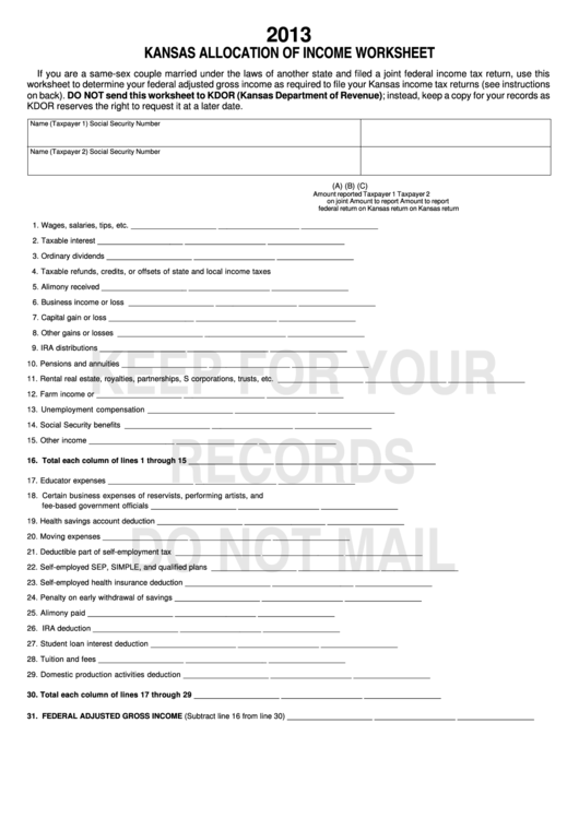 Fillable Kansas Allocation Of Income Worksheet - 2013 printable pdf ...