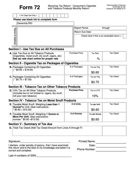 Fillable Form 72 - Wyoming Tax Return - Consumer'S Cigarette And ...