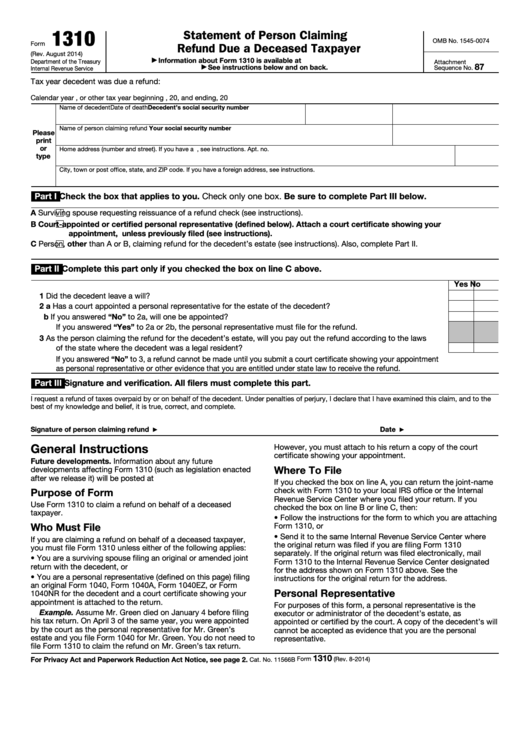 Fillable Form 1310 Statement Of Person Claiming Refund Due A Deceased